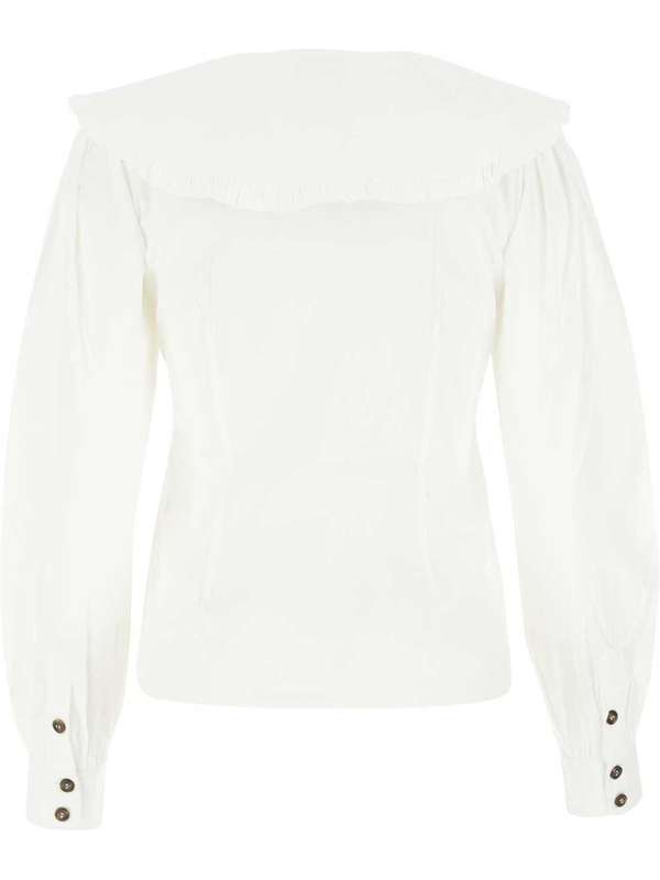 가니(GANNI) 화이트 프릴넥 코튼 블라우스 F5500 151 | jentestore