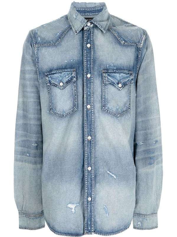 아미리(AMIRI) 백 로고 패치 디스트레스 데님 셔츠 MSL026 408 | jentestore